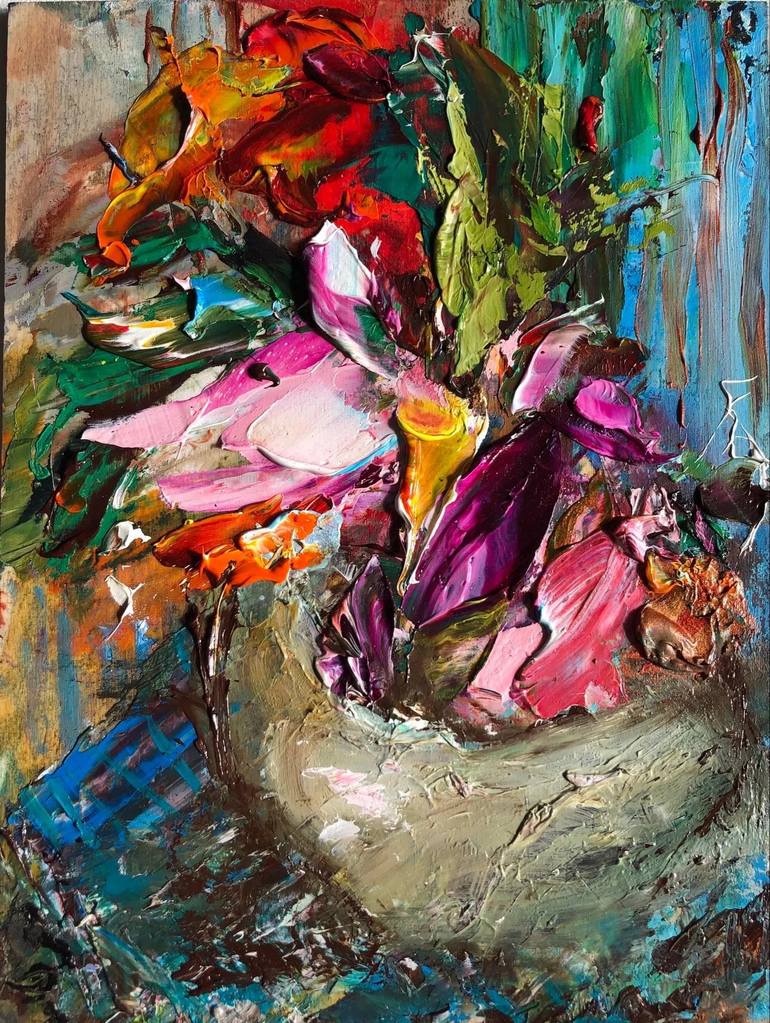 Bright floral diptych. Impasto oil miniature. Painting by Olha Stas ...