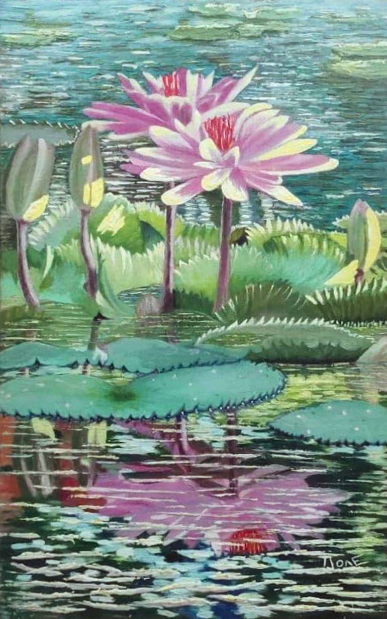 Lotuses on the pond Painting by Olga Polishchuk | Saatchi Art
