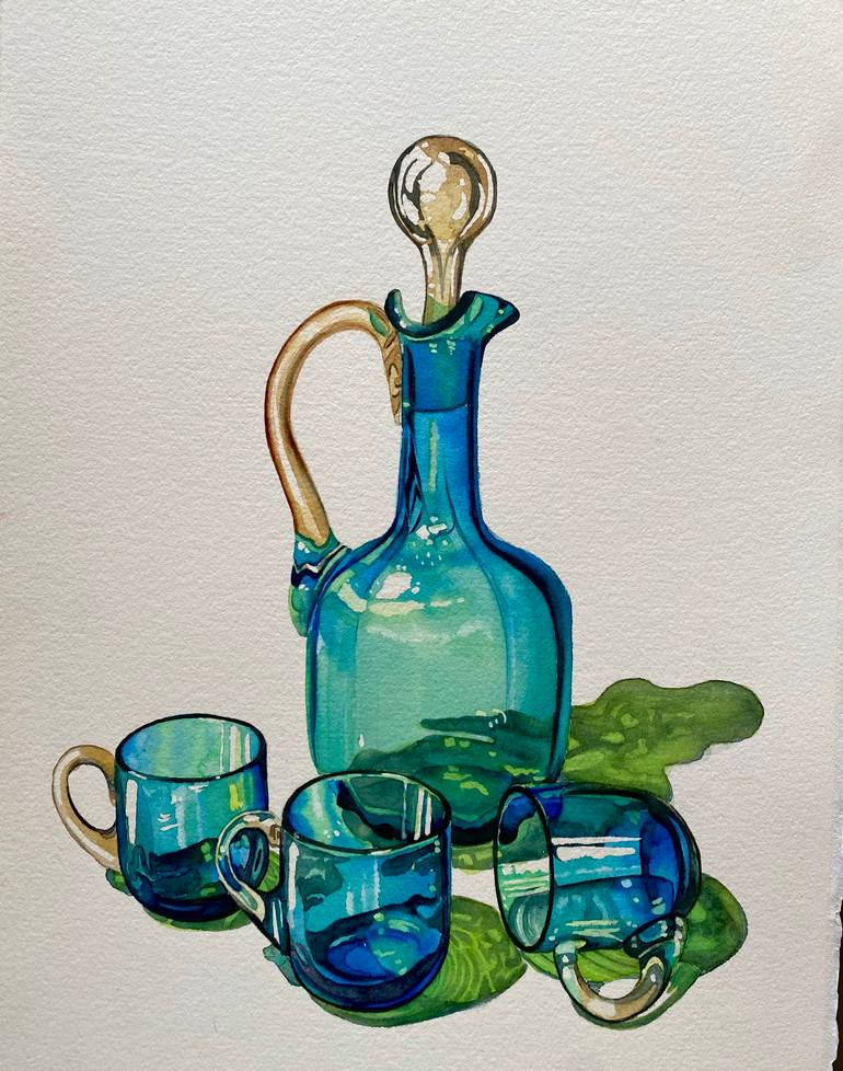 My turquoise liquor bottle and three small glasses (152) Painting by ...