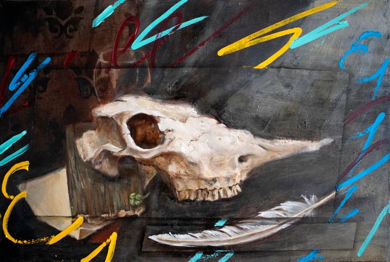 Vanitas with Cow Skull Painting by Elizaveta Sanglier | Saatchi Art