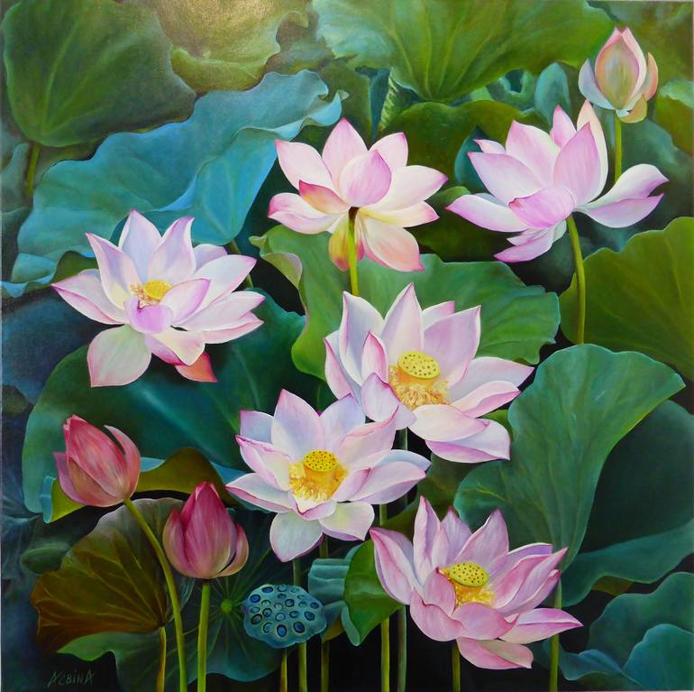 Summer morning on the lake of pink lotuses Painting by Albina Pogrebna ...