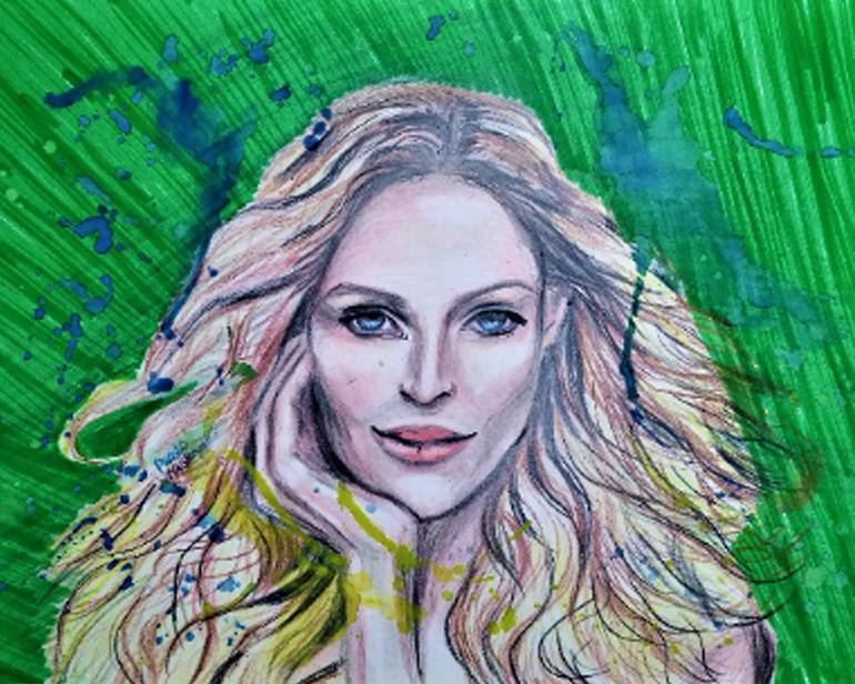 UMA Thurman 100% HAND Made ORIGINAL Art Colored pen painting Gift lover ...
