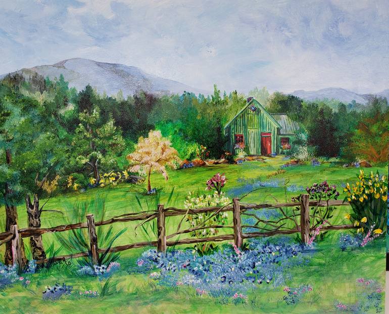 Forget Me Not Cabin Painting by Eva Hunter | Saatchi Art