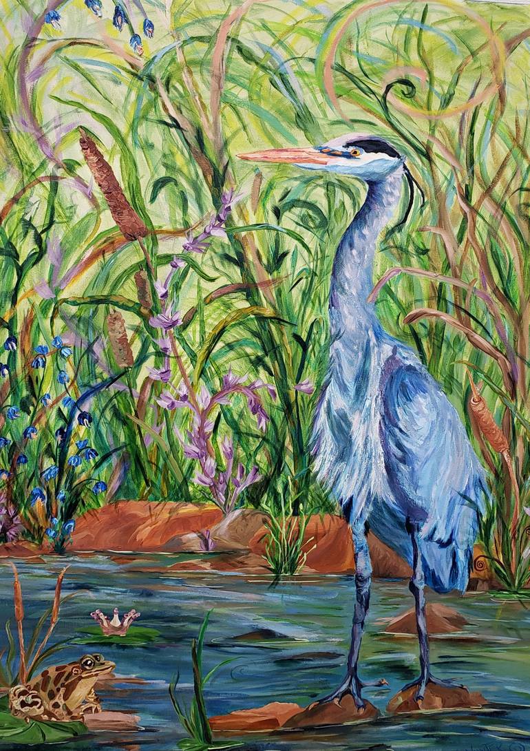 Great Blue Heron Marsh King Painting by Eva Hunter | Saatchi Art