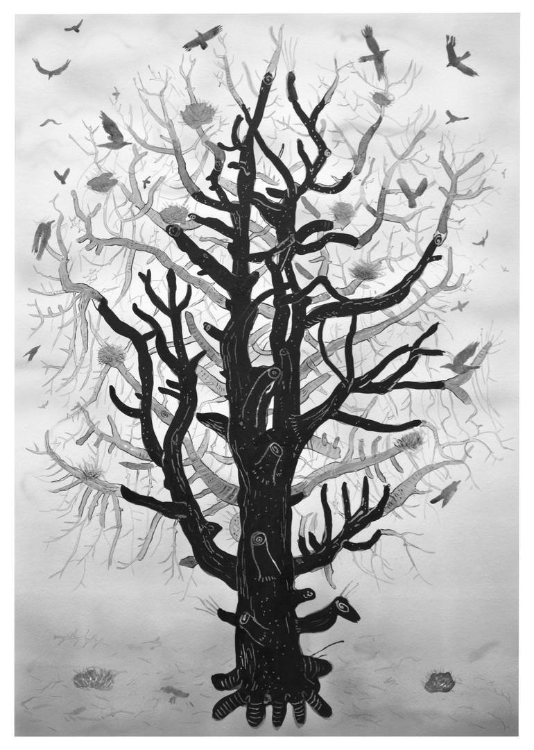 Crow Tree Drawing by gideon pain | Saatchi Art