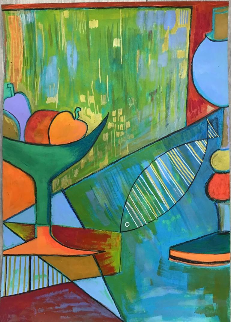 Striped fish and fruit Painting by Becky Pascoe | Saatchi Art