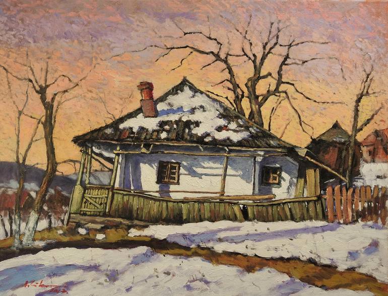 Old house in Sucevita in the winter time Painting by David Croitor ...