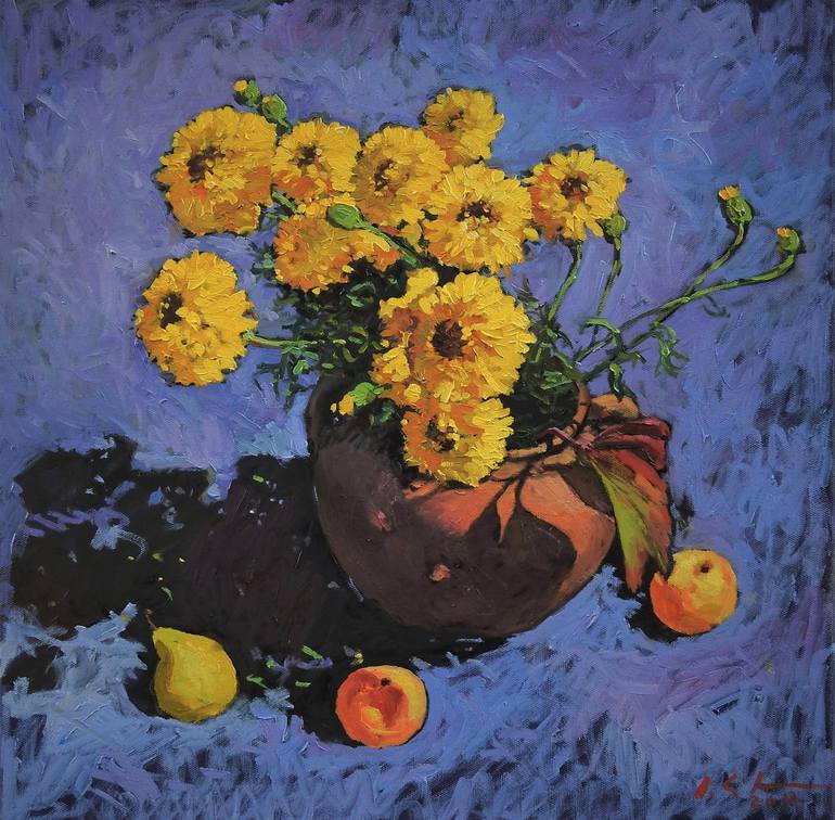 Yellow flowers in clay pot Painting by david croitor | Saatchi Art