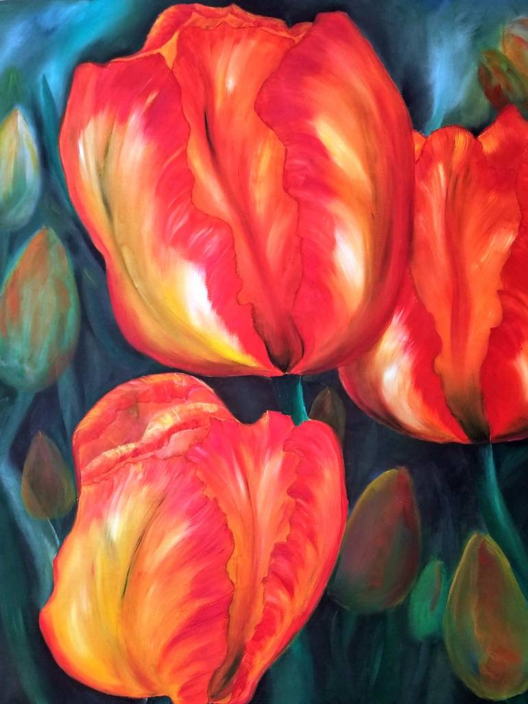 Large oil painting Spring Tulips Painting by Renata Minko | Saatchi Art