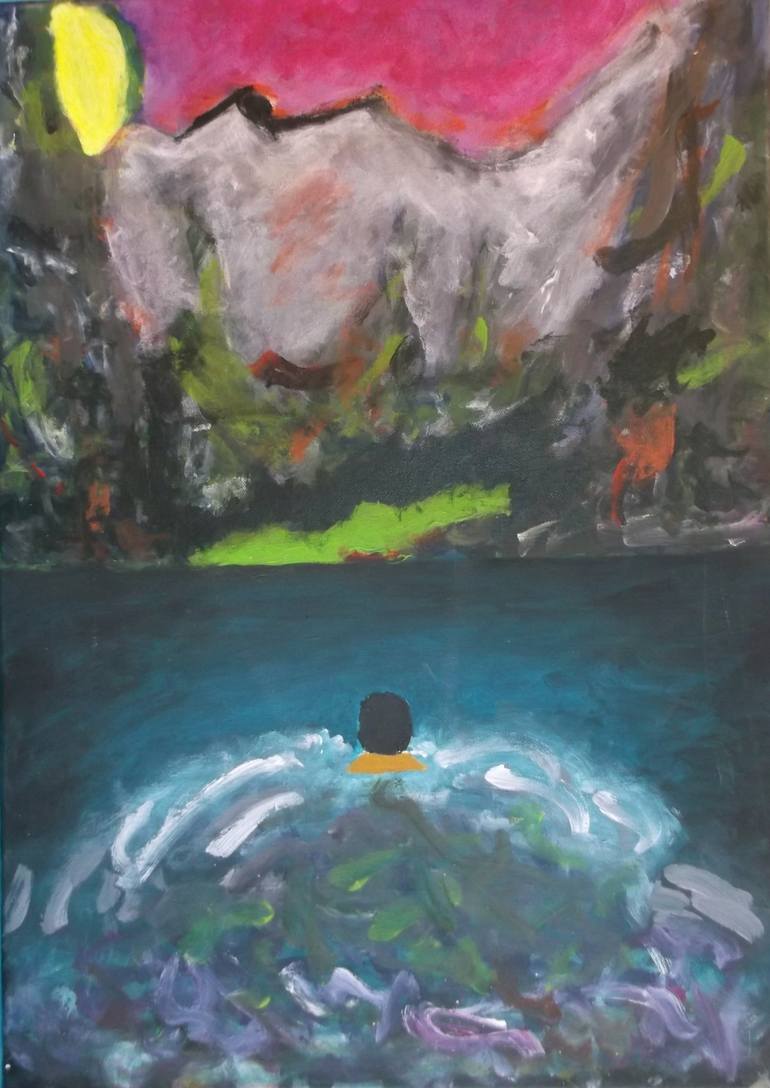 My First Painting on Canvas ( Head in the Water ) Painting by Miro Di ...