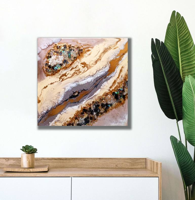 Beige geode with gold and coffee stripes and white crystal. 3D Resin ...