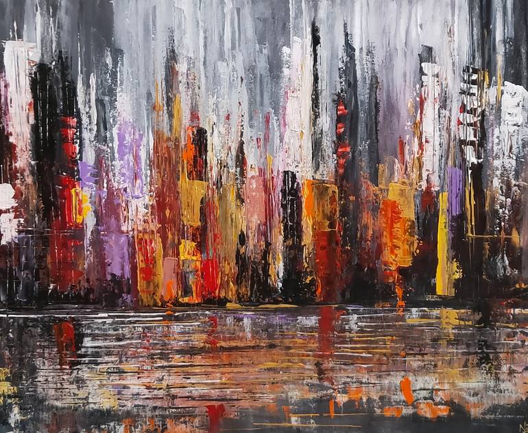 Night city over lake | Urbanscape Abstract Art by Nidhi Patankar ...