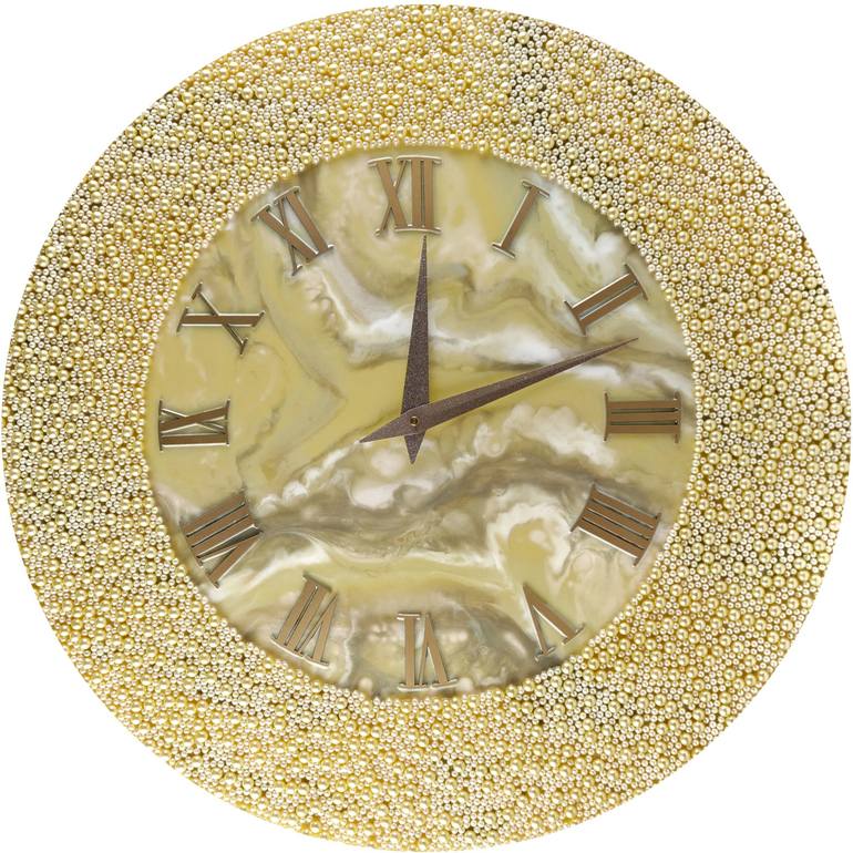 Designer wall clock with pearls and epoxy resin. Sculpture by Natalia ...