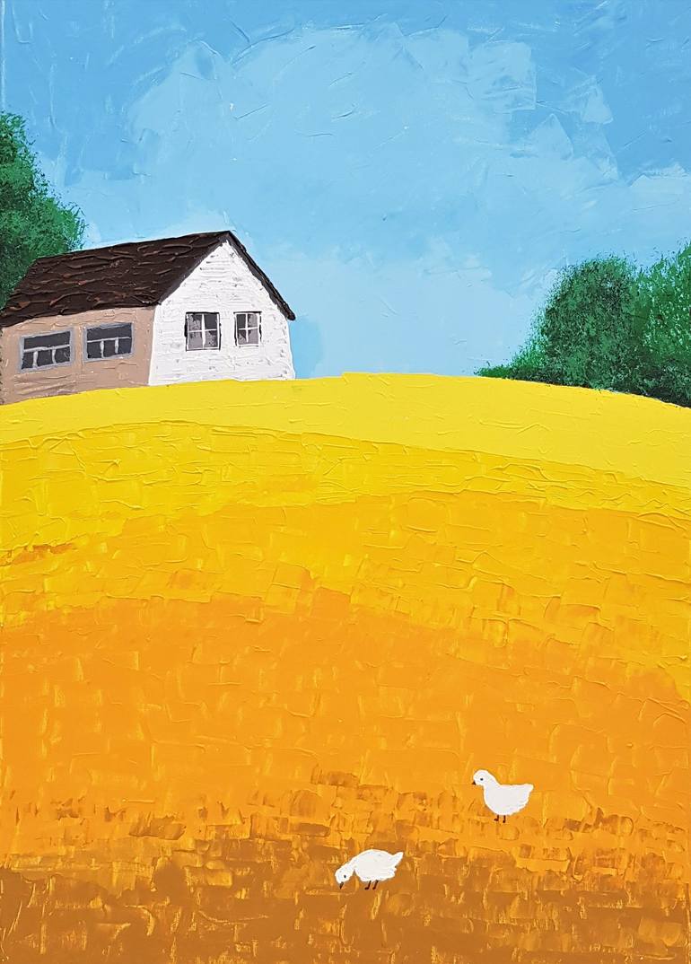 Hens Village Yellow Landscape Acrylic Painting Canvas Pallette Knife ...
