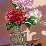 Still life of peonies and plums Painting by Evgeniy Malyshev | Saatchi Art