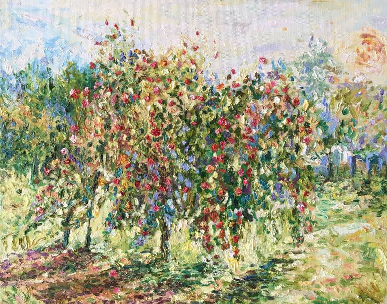 Three apple tree in garden oil painting Painting by Maria Delendik | Saatchi Art