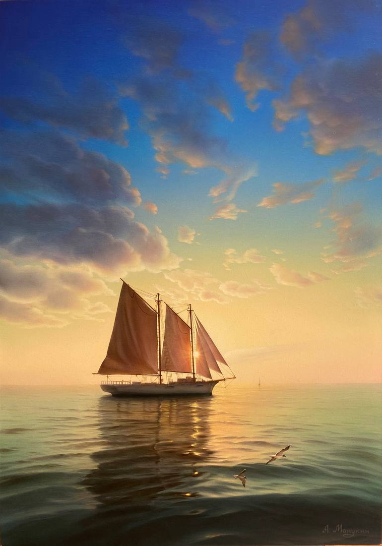Sailboat in the rays sun Painting by Armen Manukyan | Saatchi Art