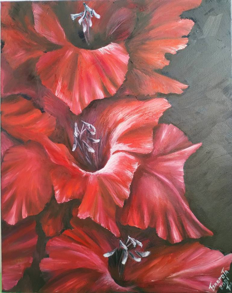 August Birth Month Flower. Oil on canvas painting Gladiolus velvet. Red ...