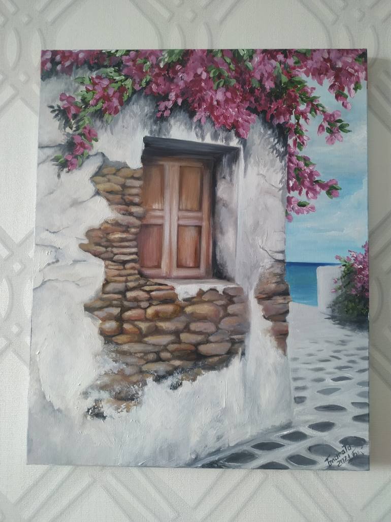 Original Oil Painting into interior Greek window. Landscapes of Greece ...