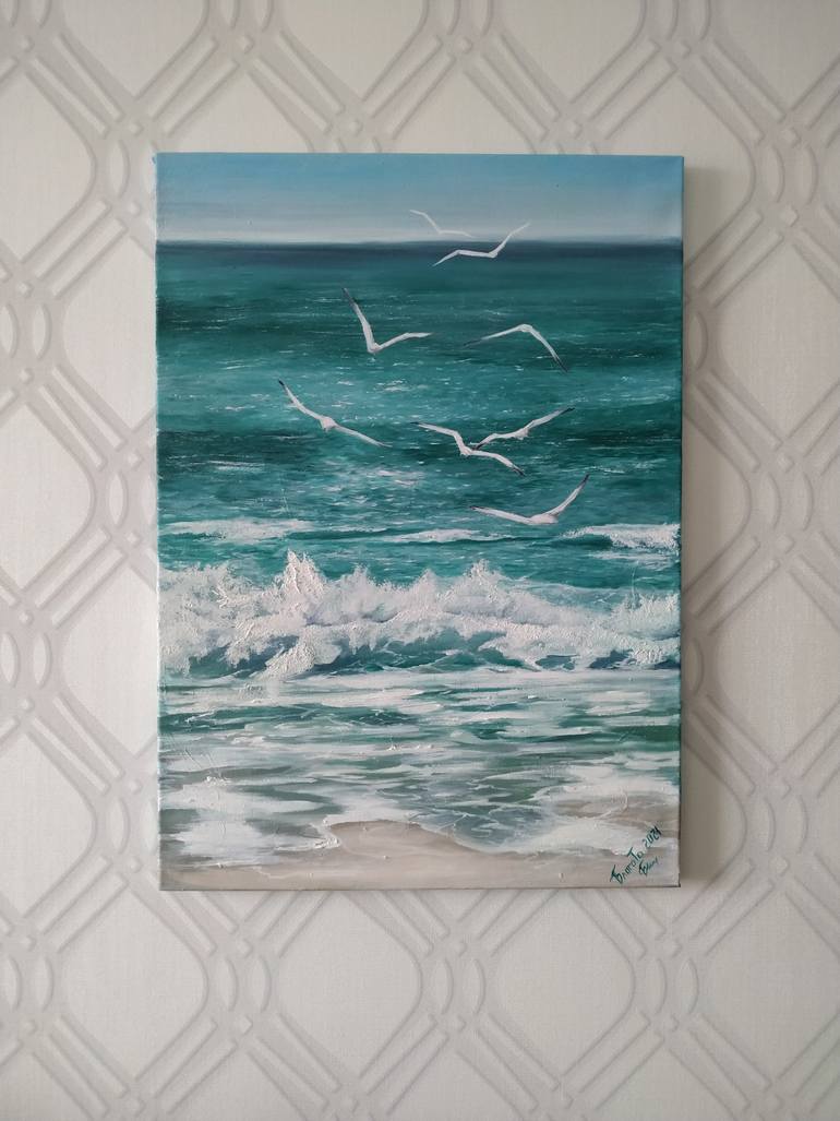 Oil painting on canvas Emerald. Restless emerald sea with soaring ...