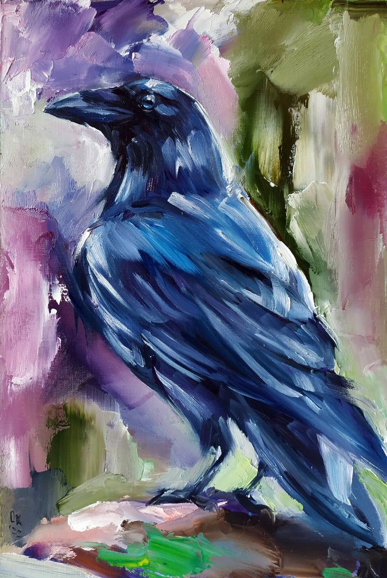 Raven painting with a colourful background. Painting by Olga Kabakova ...
