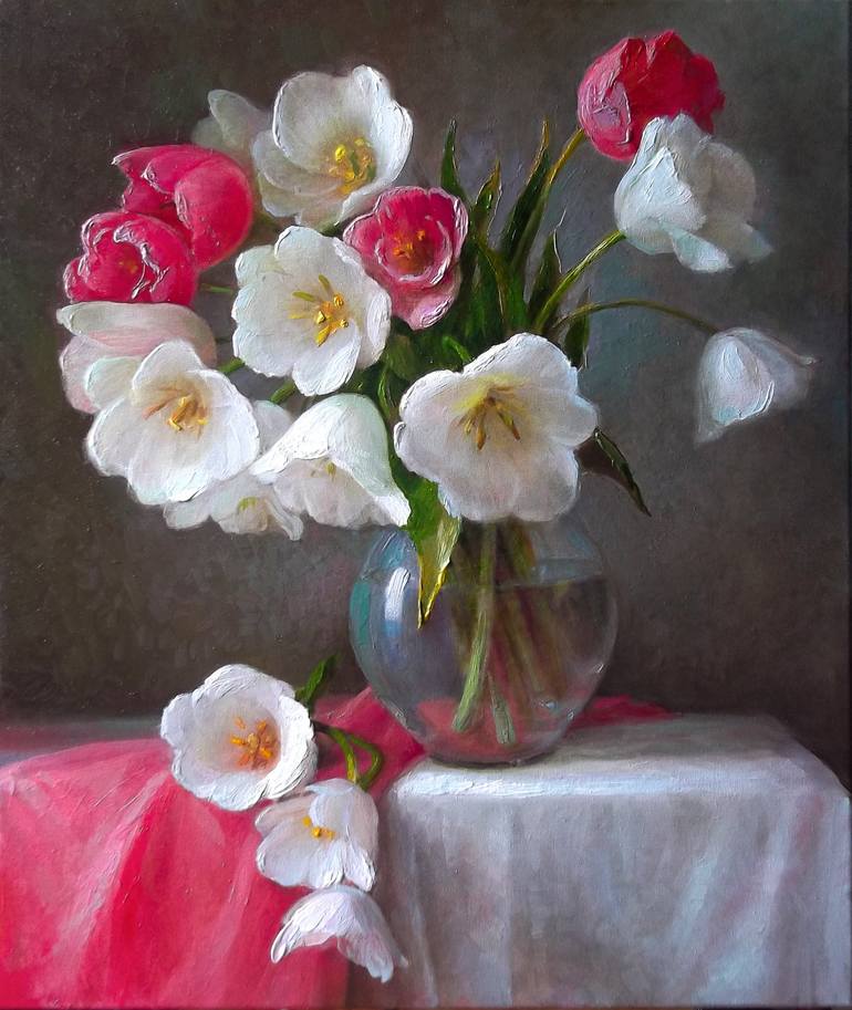 TULIPS - botanic oil painting, print, white flowers, gift idea, spring ...