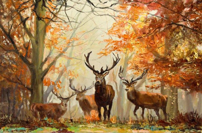 Deer family in an autumn forest. Signed oil painting Painting by Dmitry ...