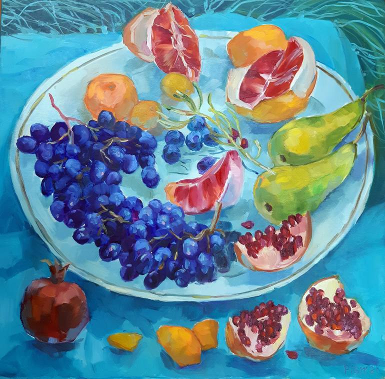 Fruits Оn a Plate - original oil painting on canvas, blue, orange, red ...