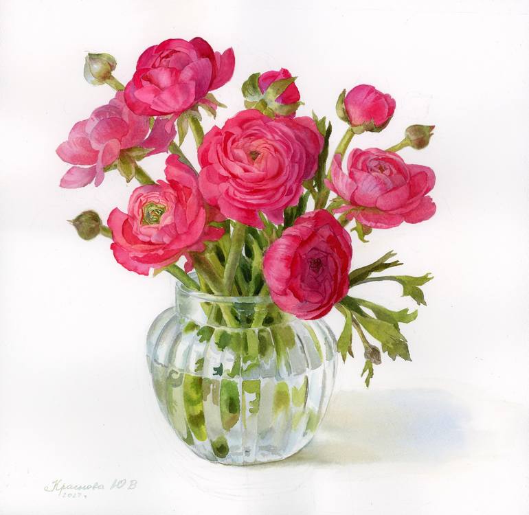 Pink ranunculus Painting by Yulia Krasnov | Saatchi Art