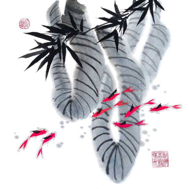 Red fish and banana leaf - Oriental Chinese Ink Painting by Ilana ...