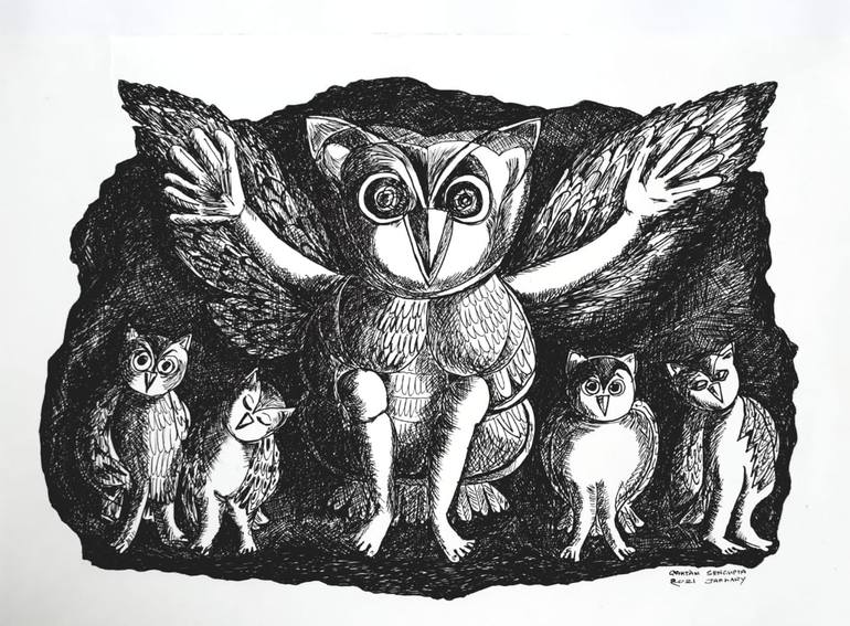 Owl Family Drawing by Gautam Sengupta | Saatchi Art