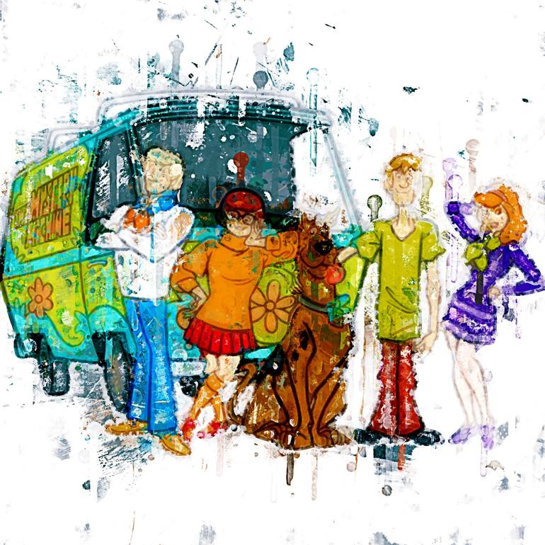 Cartoon Scooby Doo In Front Of Mystery Machine character painting watercolor animation Painting ...