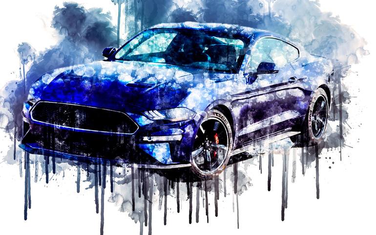Car 2019 Ford Mustang Bullitt Kona Blue 1 cars watercolor painting ...