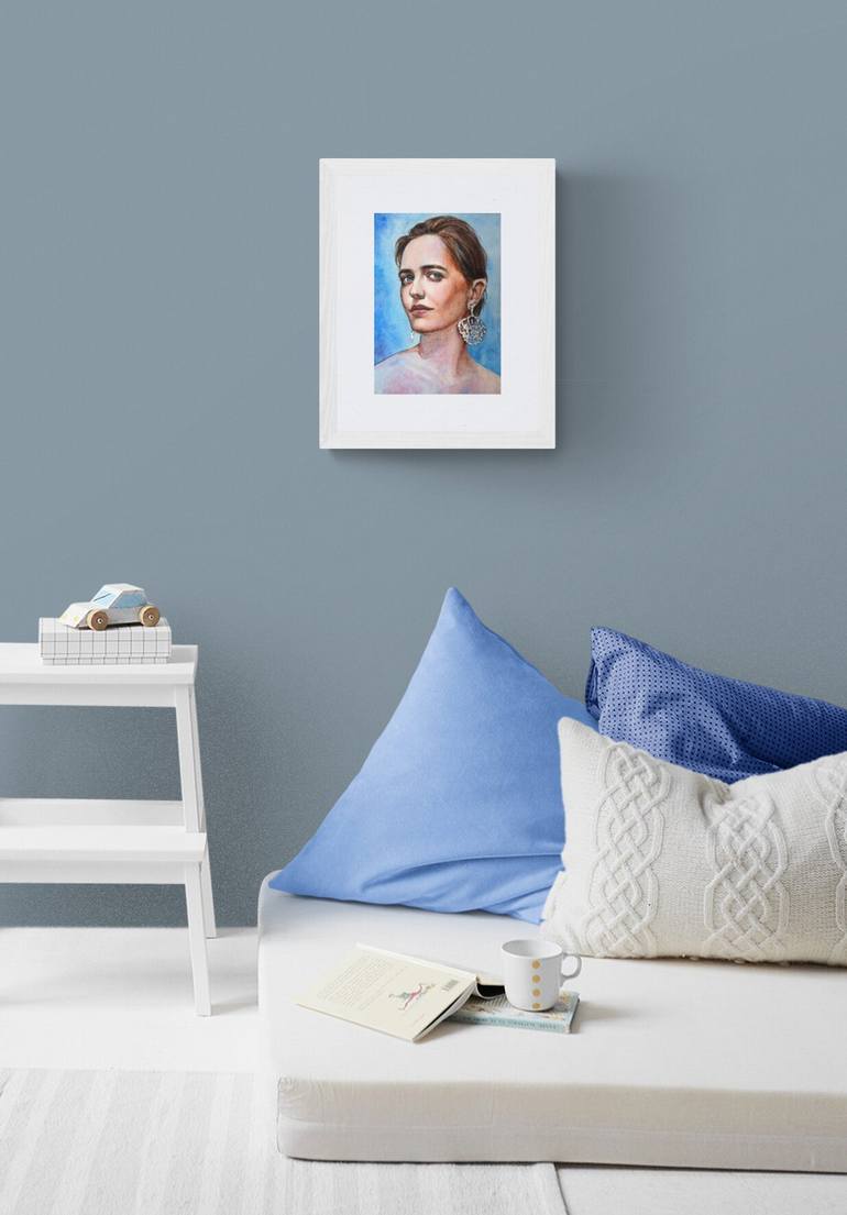 EVA GREEN-painting in the interior, cold tones, portrait of an actress ...