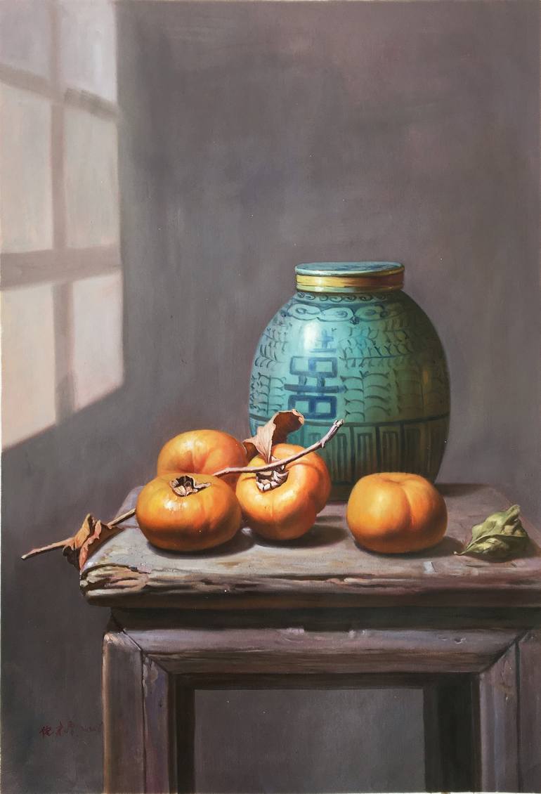 Still ife: Chinese China and persimmons t091 Painting by kunlong wang ...
