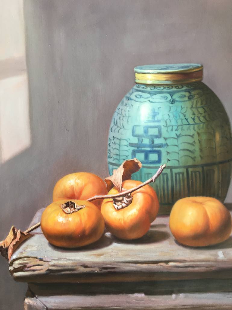 Still ife: Chinese China and persimmons t091 Painting by kunlong wang ...