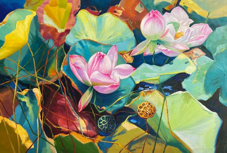 Still life oil painting:Lotus t168 Painting by Kunlong Wang | Saatchi Art