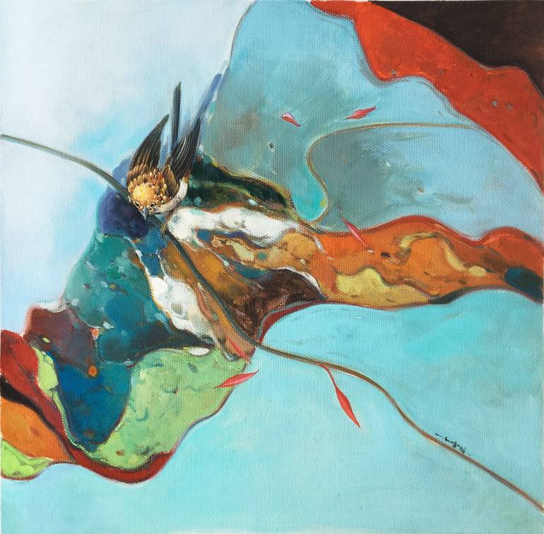 Birdie on the branch k019 Painting by kunlong wang | Saatchi Art