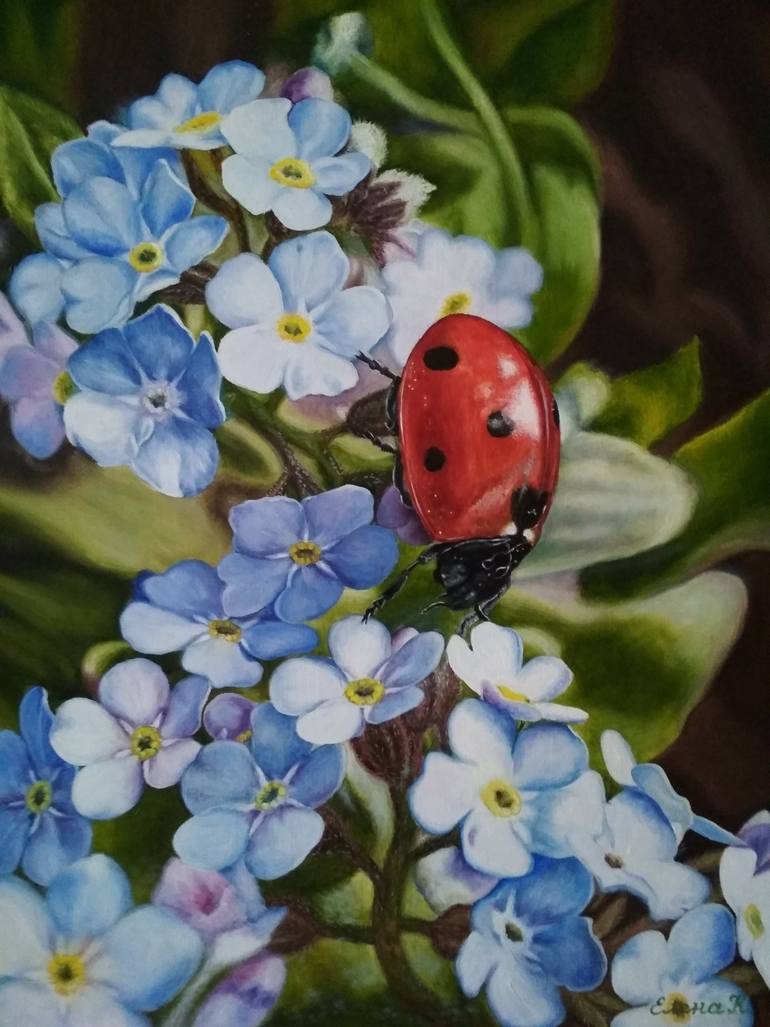 Ladybug on forget-me-nots Painting by Elena Kozyutenko | Saatchi Art