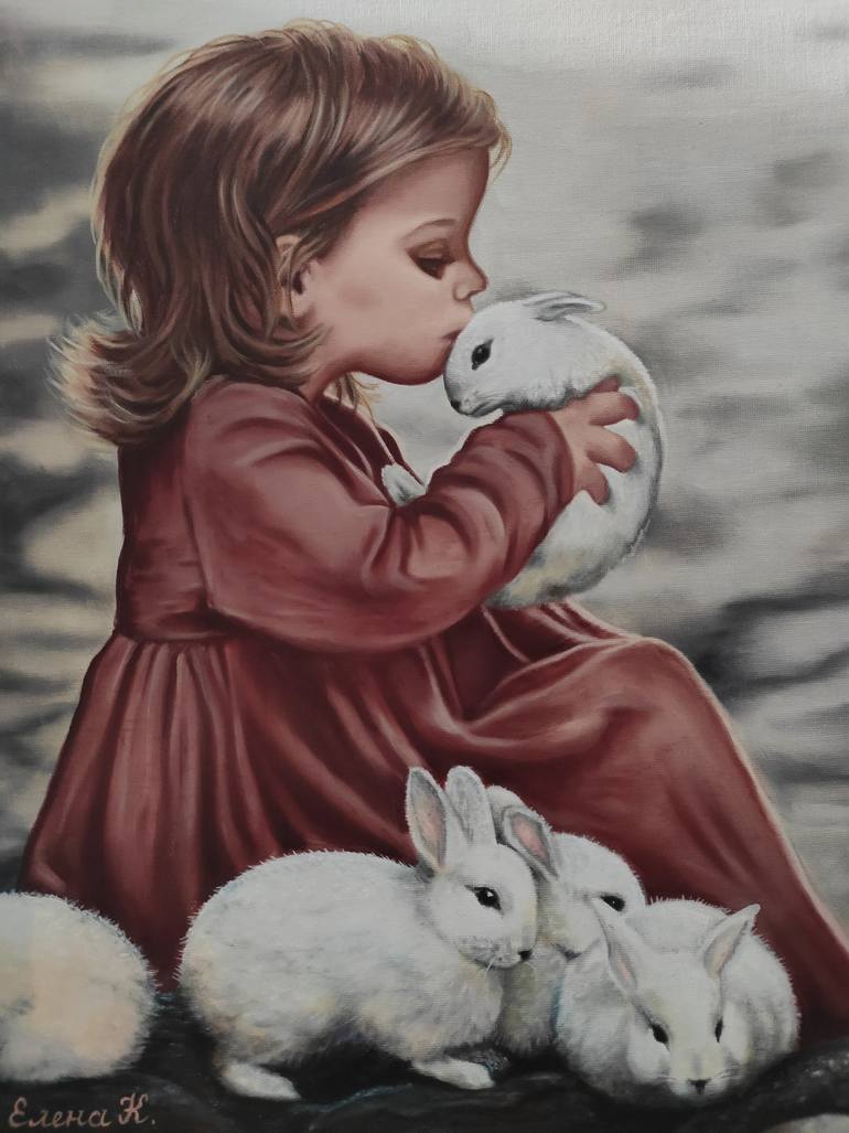 Girl with white rabbits Painting by Elena Kozyutenko | Saatchi Art