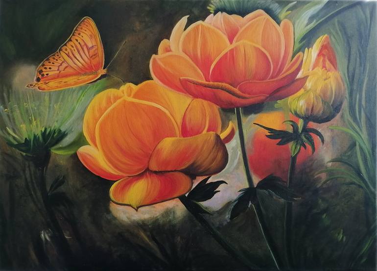 A Midsummer Night's Dream - Flowers oil, orange, butterfly Painting by ...