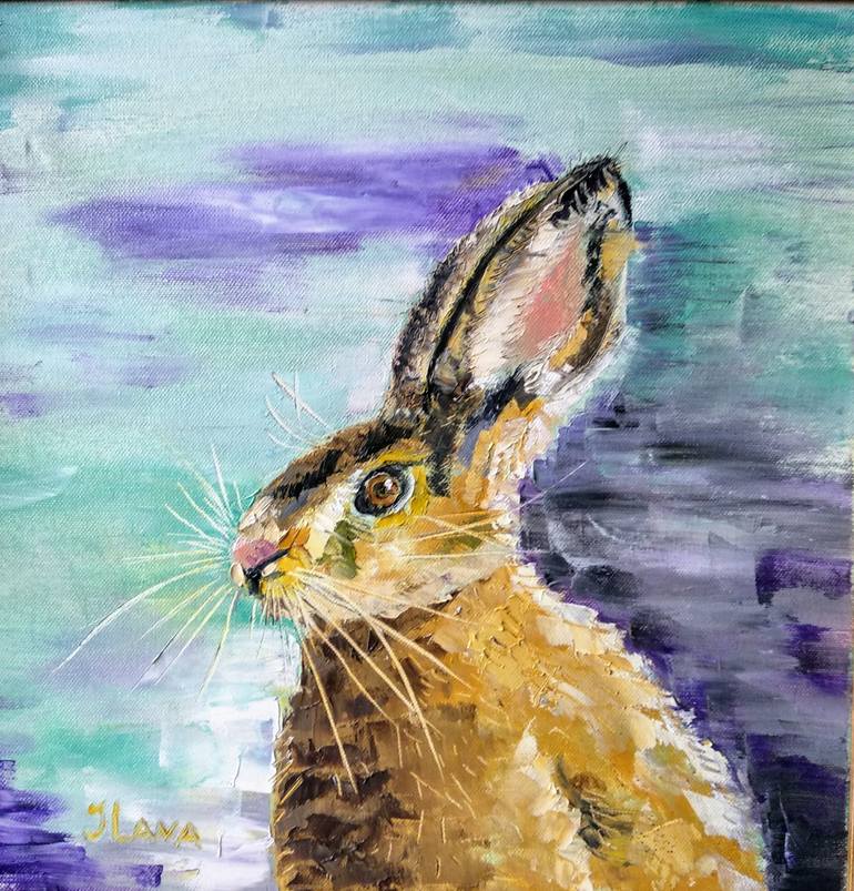 Rabbit on a turquoise purple background Painting by Sviatlana Ivanenko ...