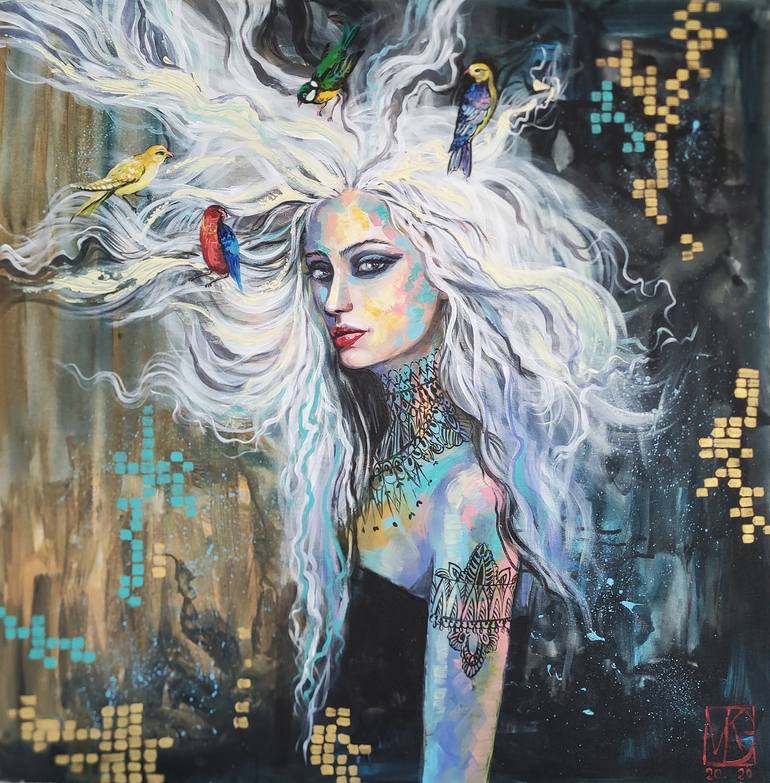 Mistress of birds Painting by Maria Kireev | Saatchi Art
