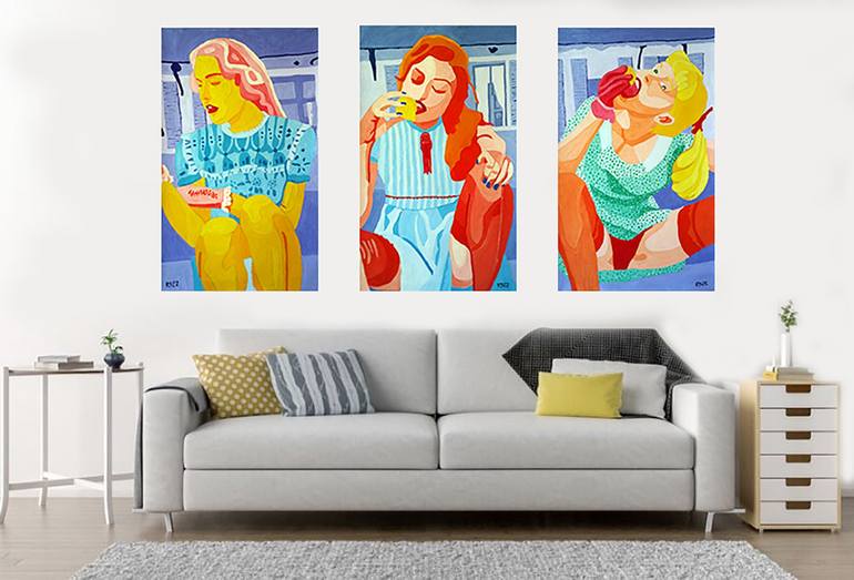 Three Young Women Eating Fruit (Triptych) Painting by Randall Steinke | Saatchi Art