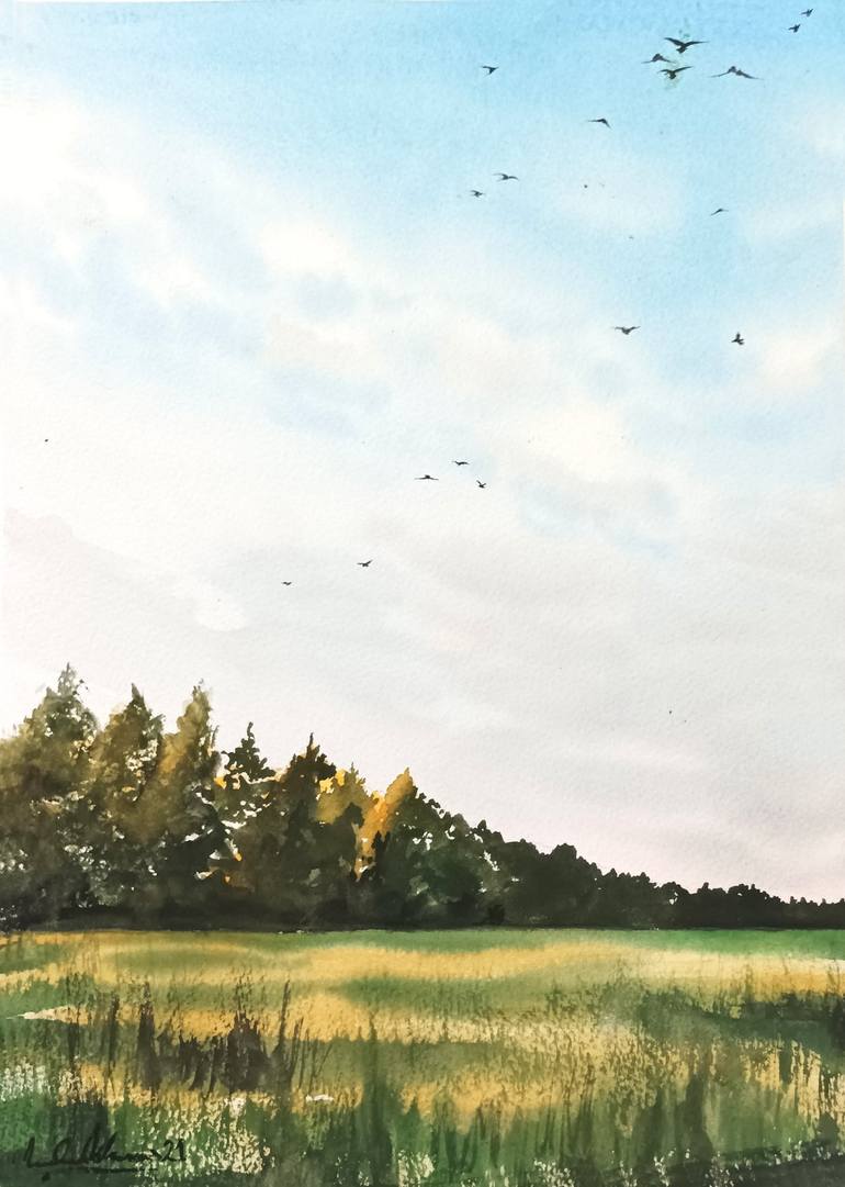 Morning scene of nature Painting by Lubna Khan | Saatchi Art
