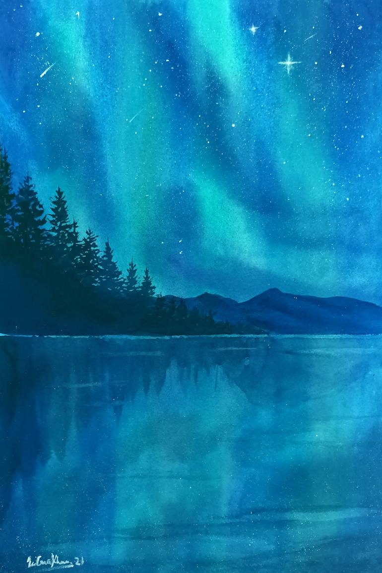 The Sway of Northern Lights 2 Painting Painting by Lubna Khan | Saatchi Art