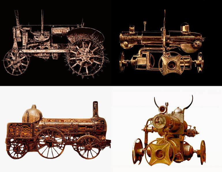 Old mechanisms and cars. . Black white background. Collage by Sirius PS ...