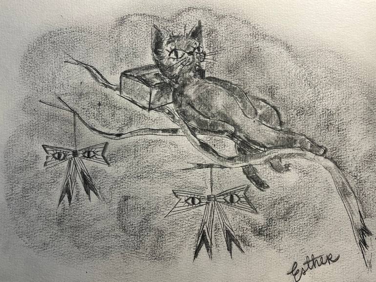 Reclining cat in tree with box as a pillow Drawing by Esther Suzanne ...