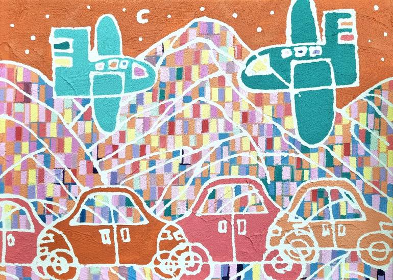 Shining Orange Night Sky Four cars and two planes Painting by hanji ...