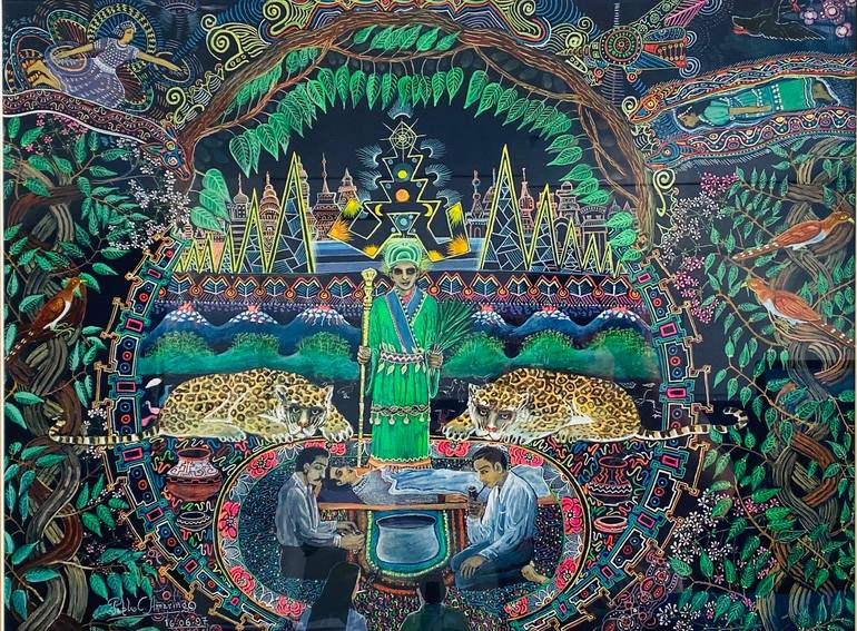 Curandero medicine man with the two guardian jaguars Painting by Libera ...